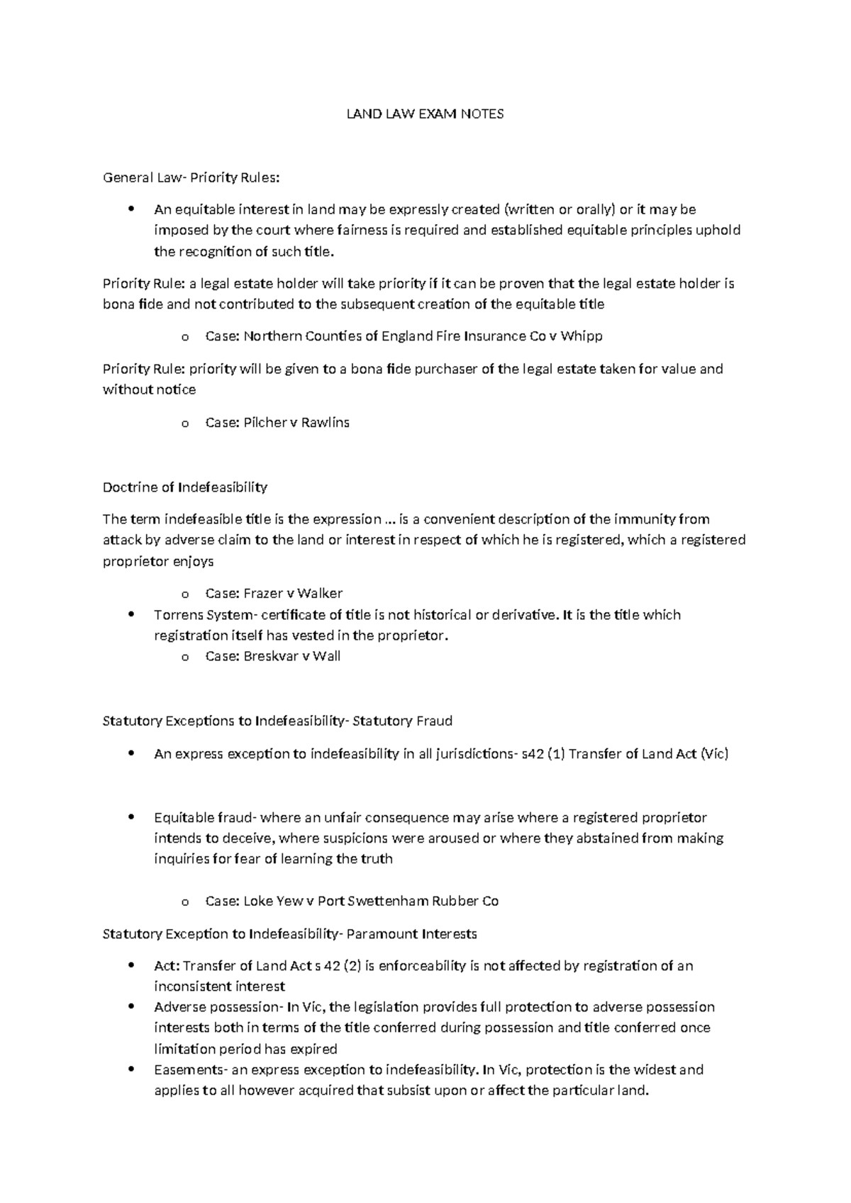 Exam Revision - Exam Prep Notes - LAND LAW EXAM NOTES General Law ...