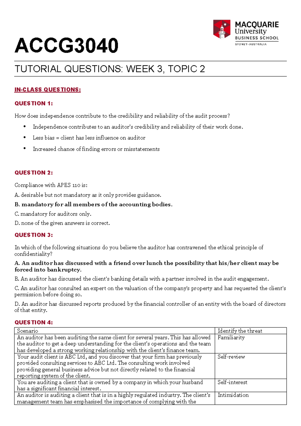 Tutorial Questions W2 - ACCG TUTORIAL QUESTIONS: WEEK 3, TOPIC 2 IN-CLASS QUESTIONS: QUESTION 1 ...