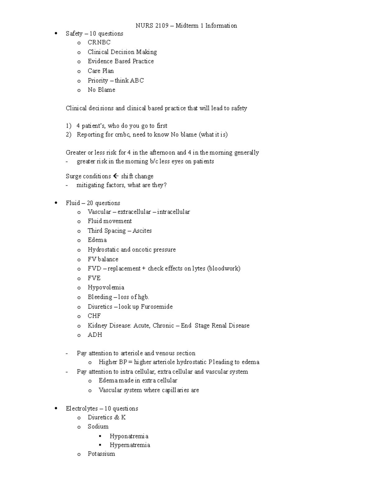 NURS 2109 - Midterm Prep Info - NURS 2109 – Midterm 1 Information ...