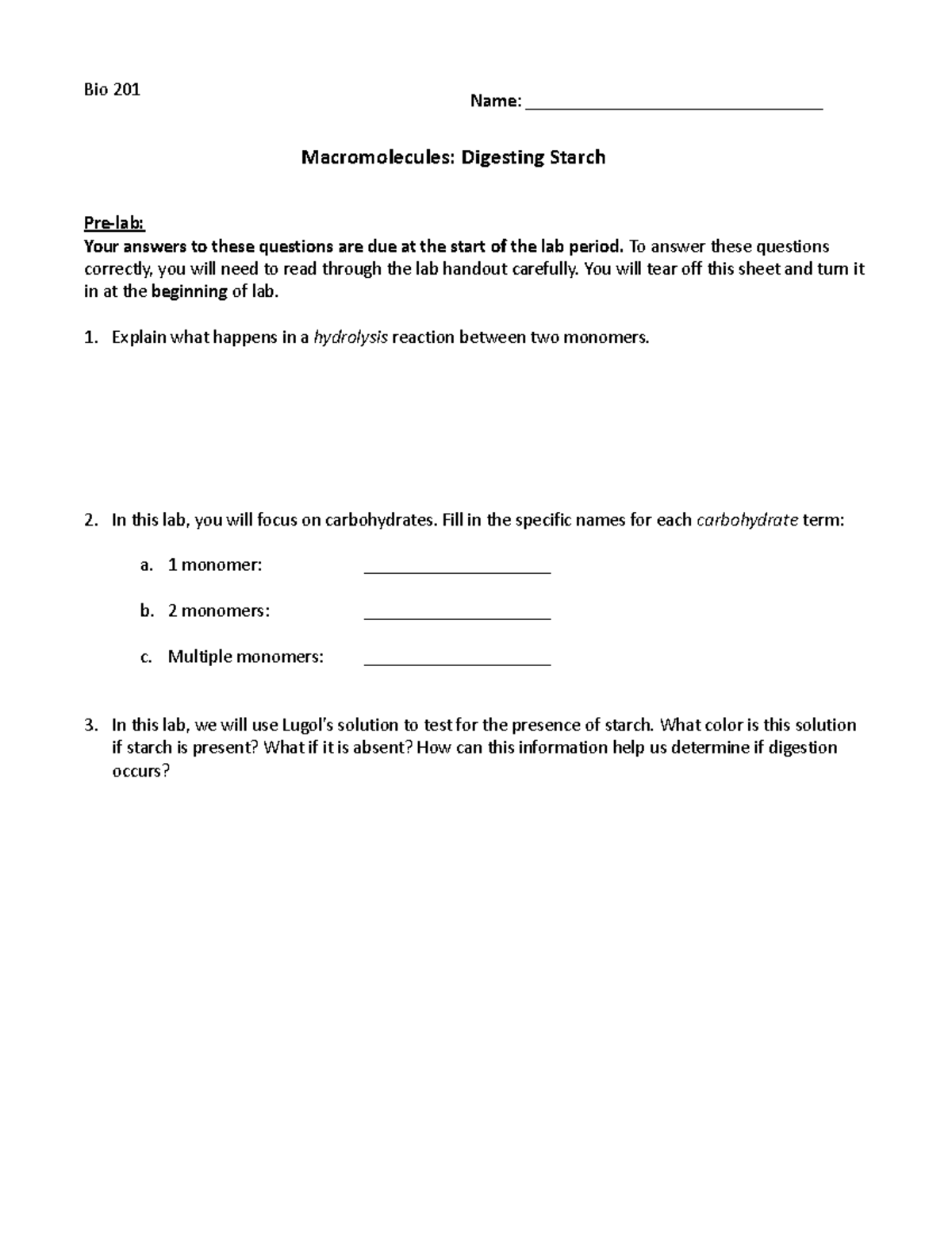 Student instructions - starch digestion lab handout - Bio 201 Name