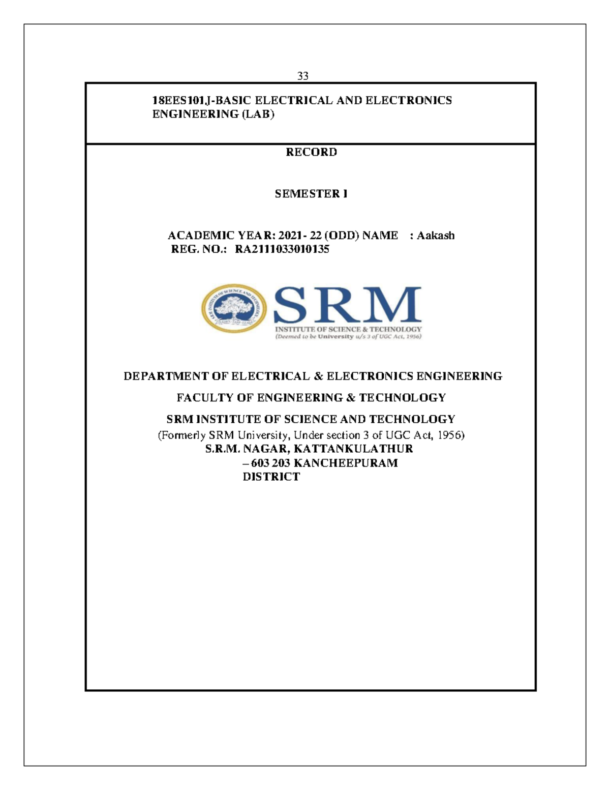 BEEE Assignment 4 - 33 18EES101J-BASIC ELECTRICAL AND ELECTRONICS ENGINEERING (LAB) RECORD ...