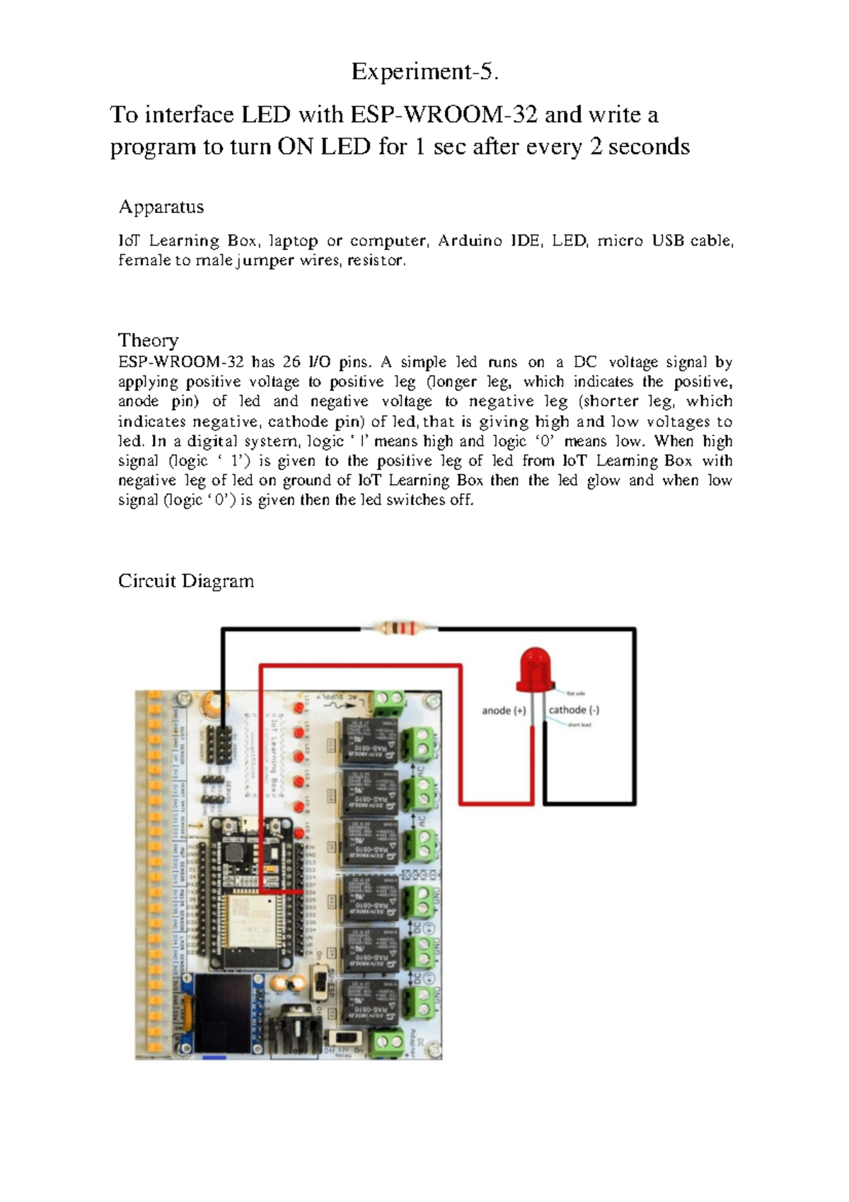 Io T EXP-5 - IOT OF AO BEANCH - Experiment-5. To interface LED with ESP-WROOM-32 and write a ...