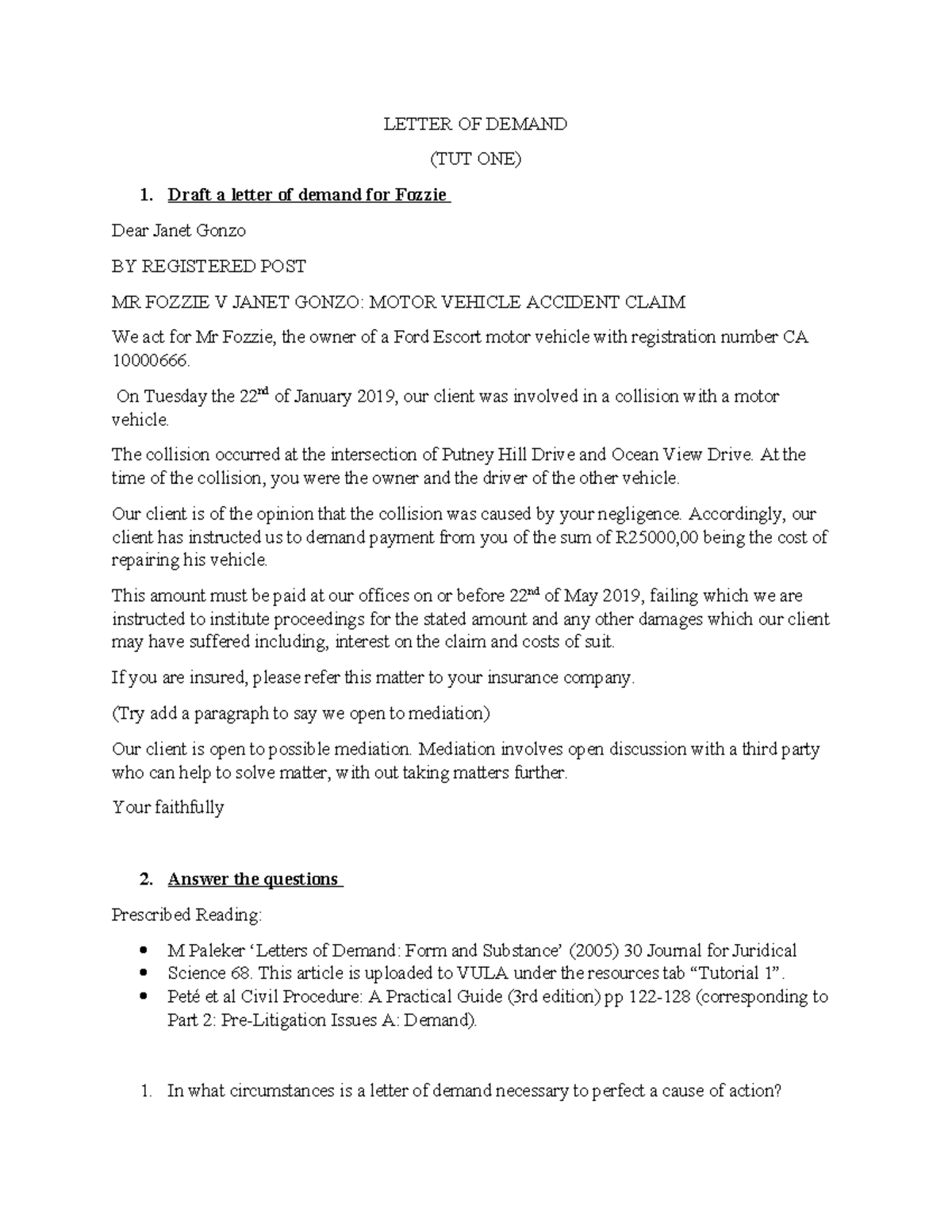 Letter OF Demand - LETTER OF DEMAND (TUT ONE) Draft a letter of demand ...
