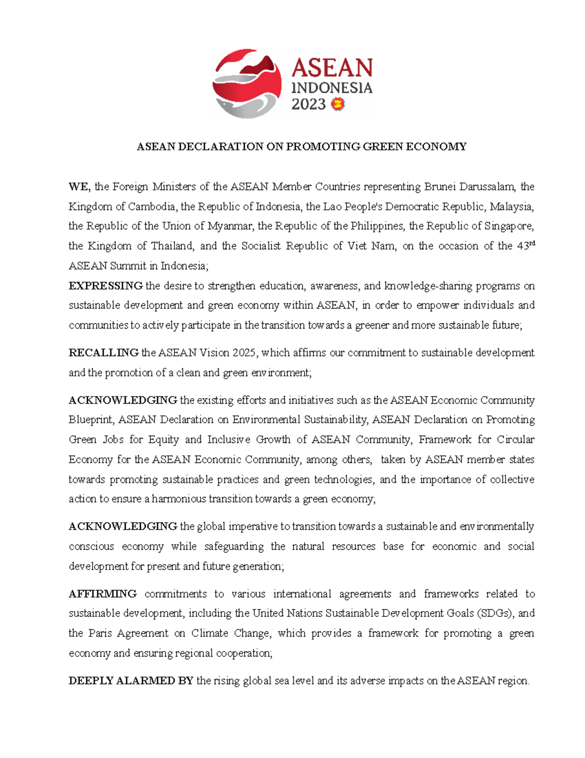 Declaration on Promoting Green Economy E2 - ASEAN DECLARATION ON ...