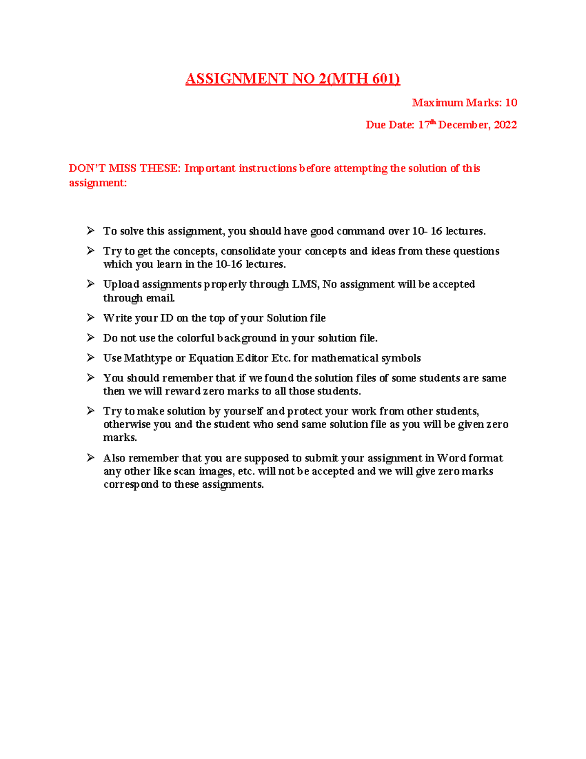 MTH601 - Assignment No 2 - Fall 2022 - ASSIGNMENT NO 2(MTH 601) Maximum Marks: 10 Due Date: 17th ...