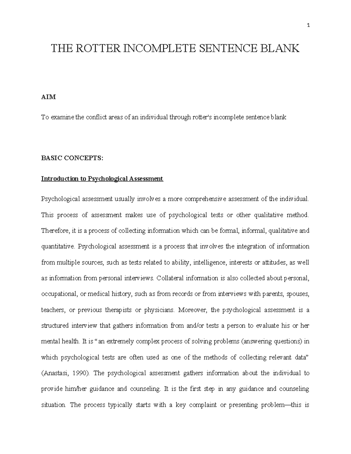 Rotters Incomplete Test - THE ROTTER INCOMPLETE SENTENCE BLANK AIM To ...