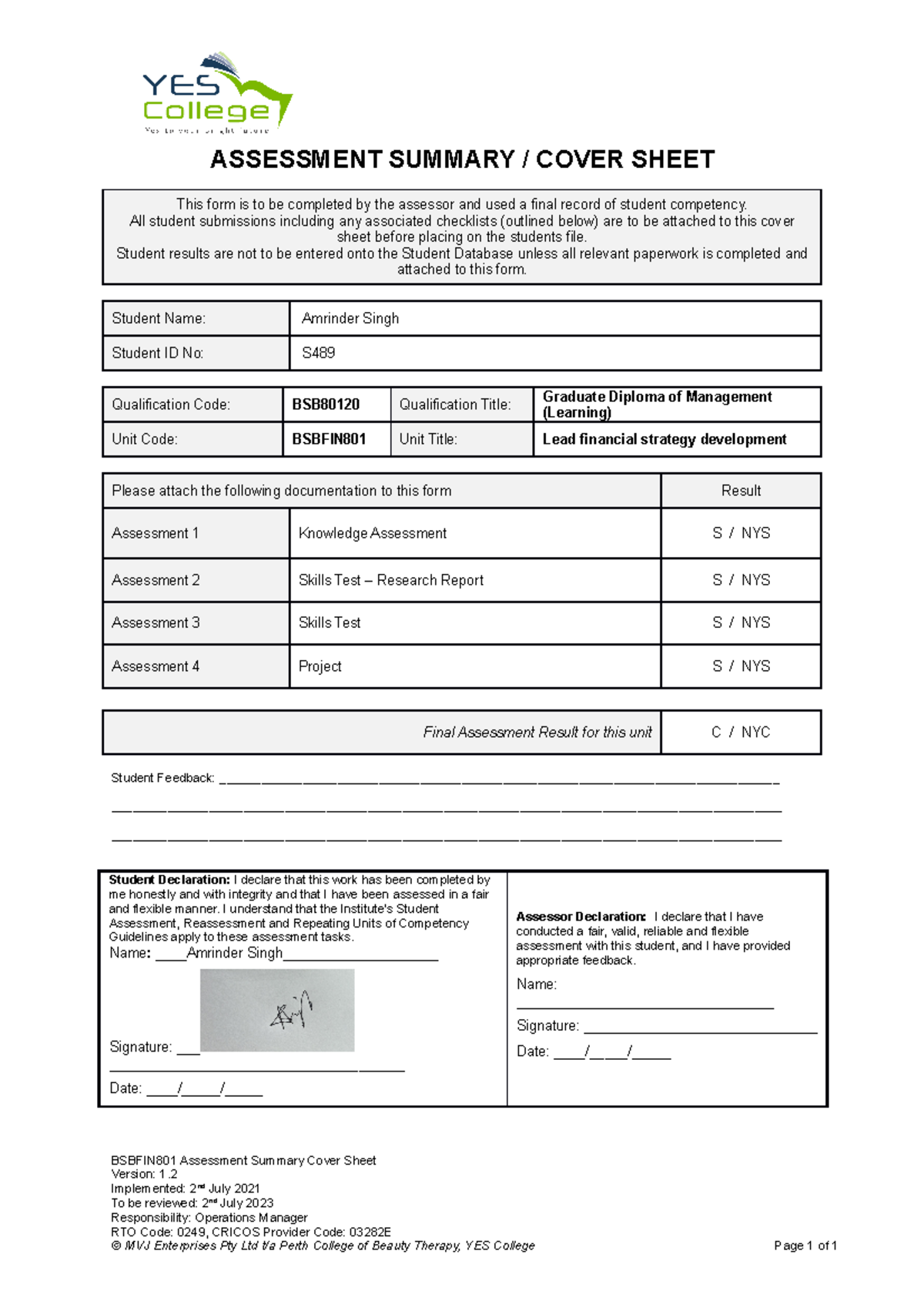 2. Bsbfin 801 Assessment Summary Cover Sheet BSB80120 - ASSESSMENT ...