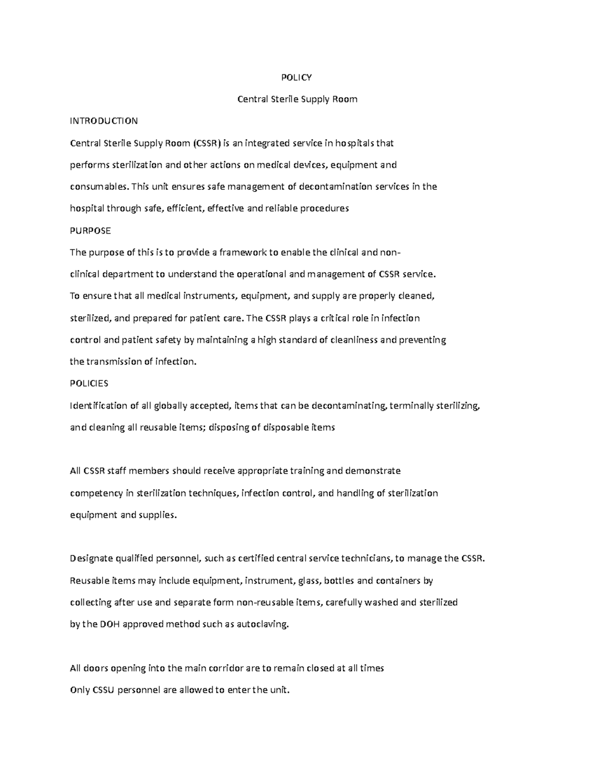 Policy - POLICY Central Sterile Supply Room INTRODUCTION Central ...