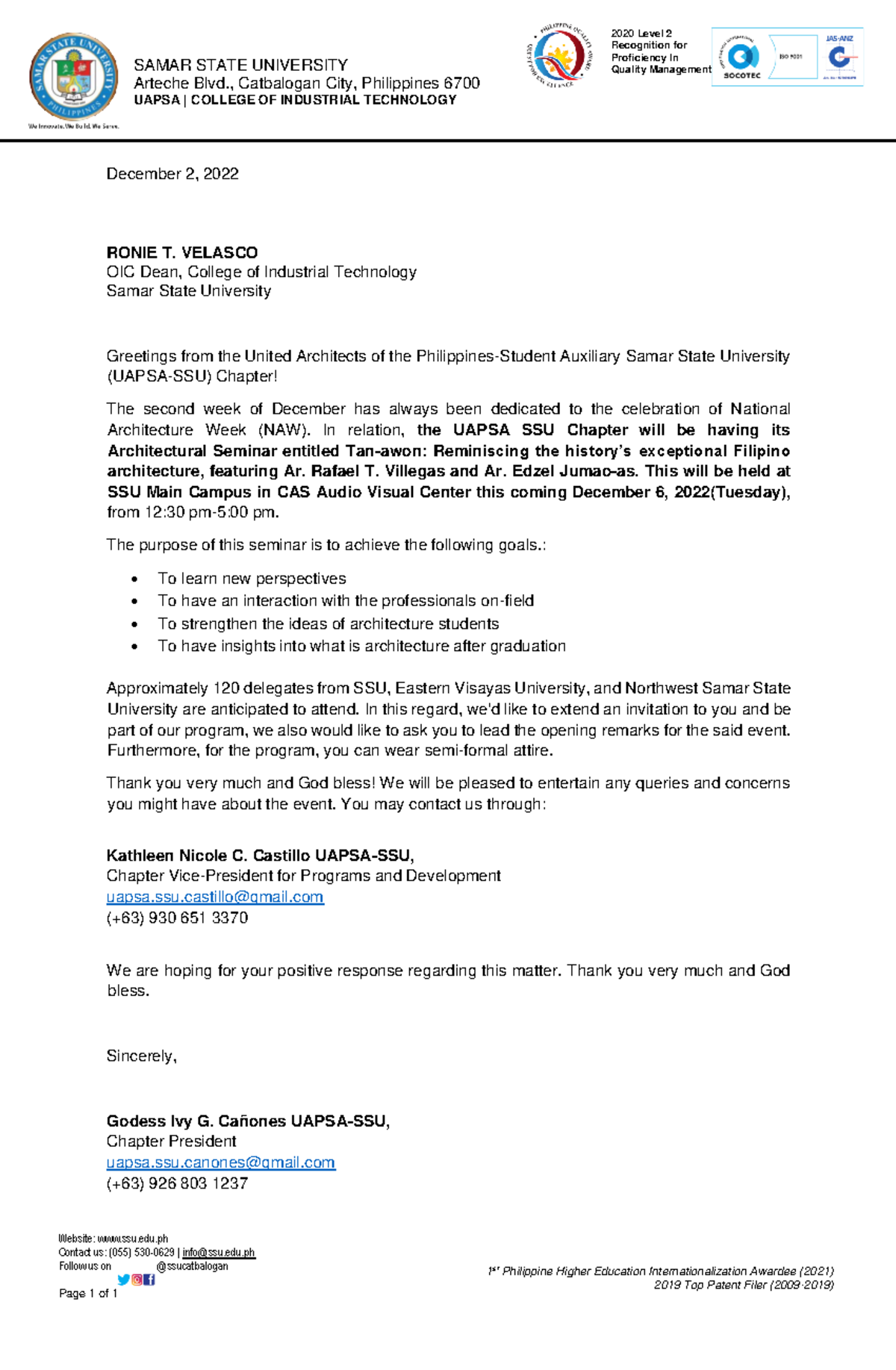 Invitation letter - Website: ssu.edu Contact us: (055) 530-0629 | info ...