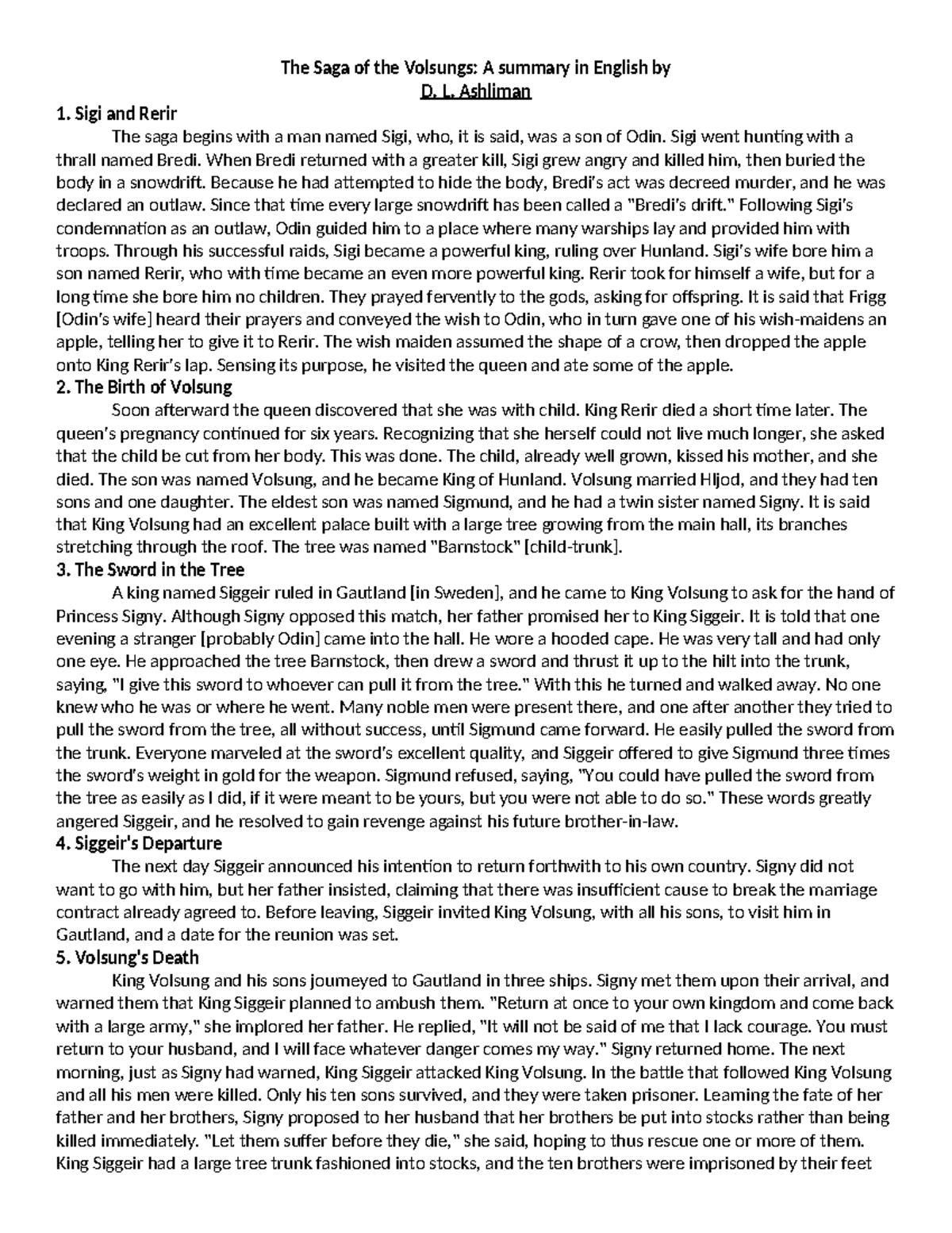 Notes for the Saga Story - The Saga of the Volsungs: A summary in ...