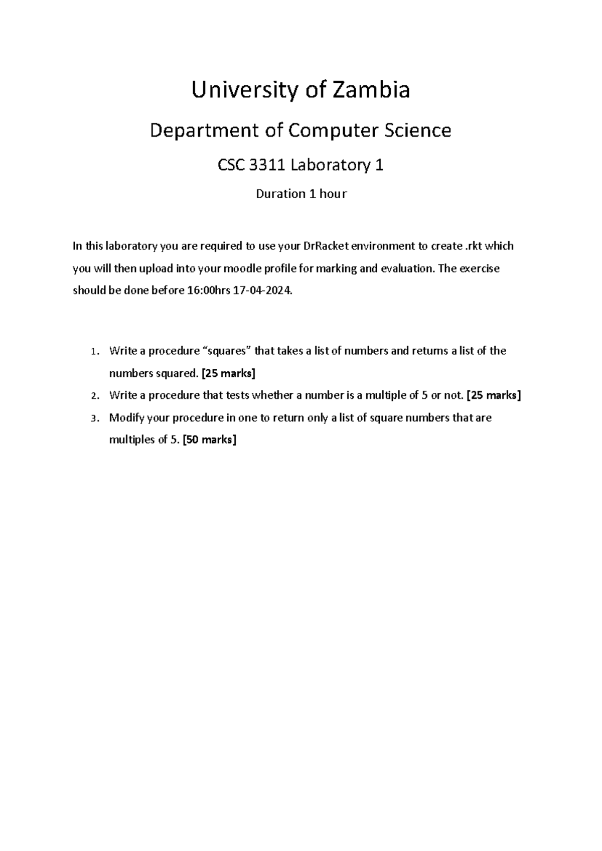 Lab1 University Of Zambia Department Of Computer Science Csc 3311 Laboratory 1 Duration 1 Hour