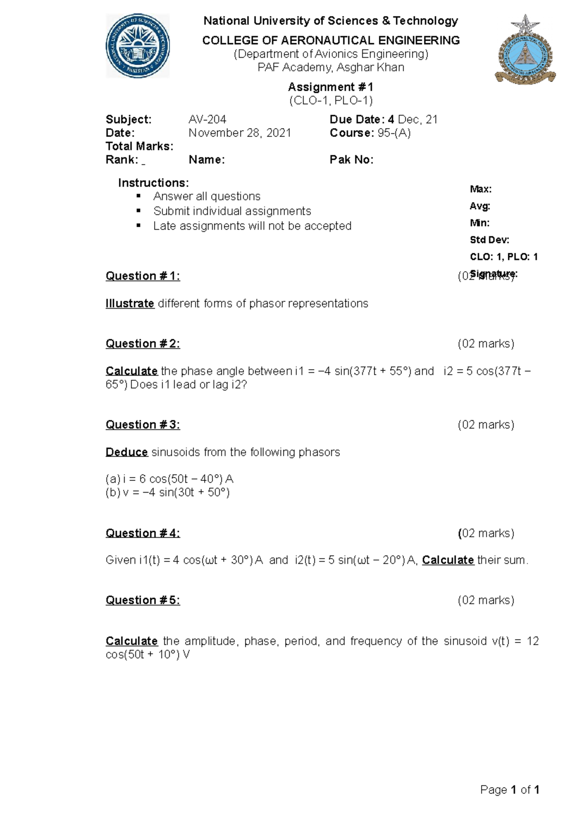 Assignment # 1 - AV-204 - National University of Sciences & Technology COLLEGE OF AERONAUTICAL ...