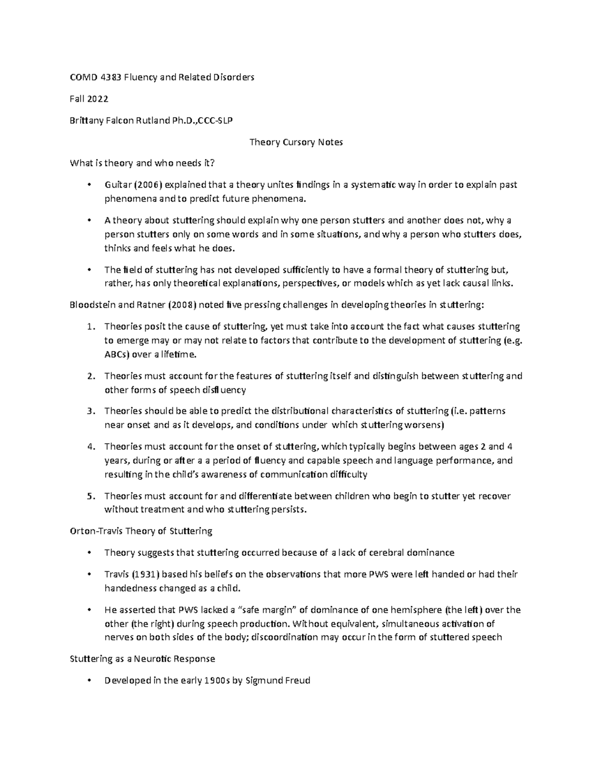 Theory Cursory Notes - COMD 4383 Fluency and Related Disorders Fall ...