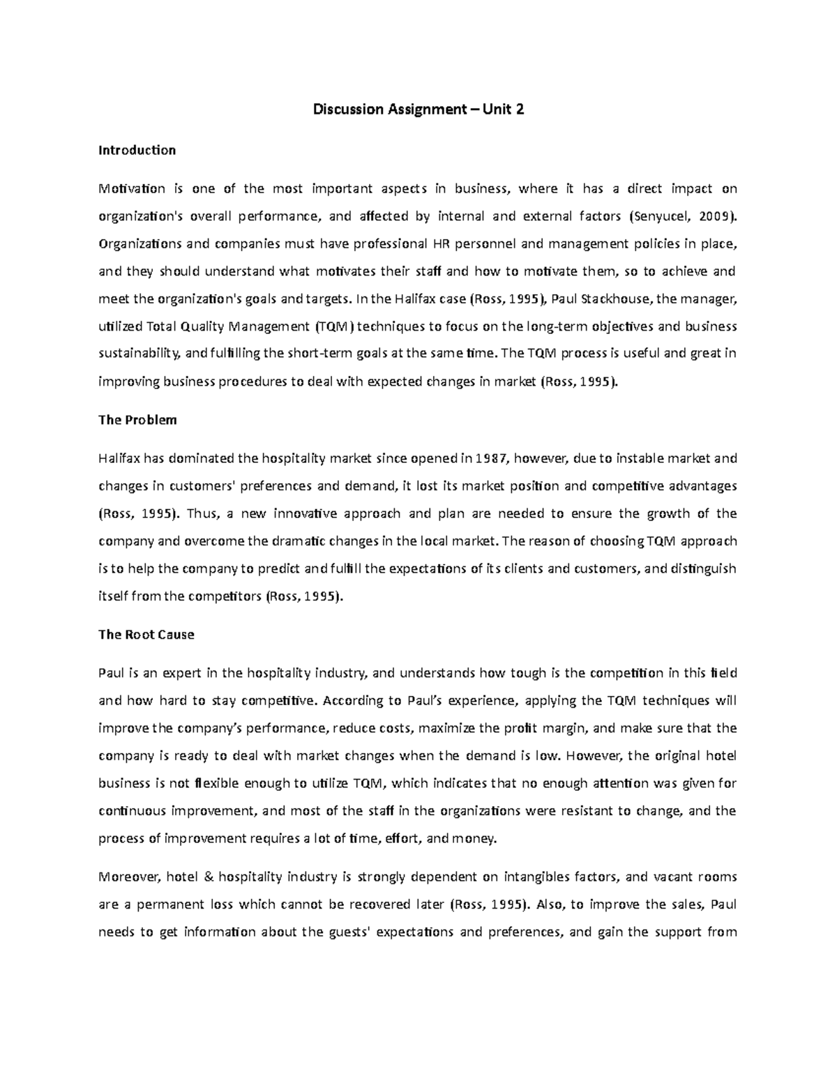 Discussion Assignment - Unit 2 - Discussion Assignment – Unit 2 Introduction Motivation is one ...