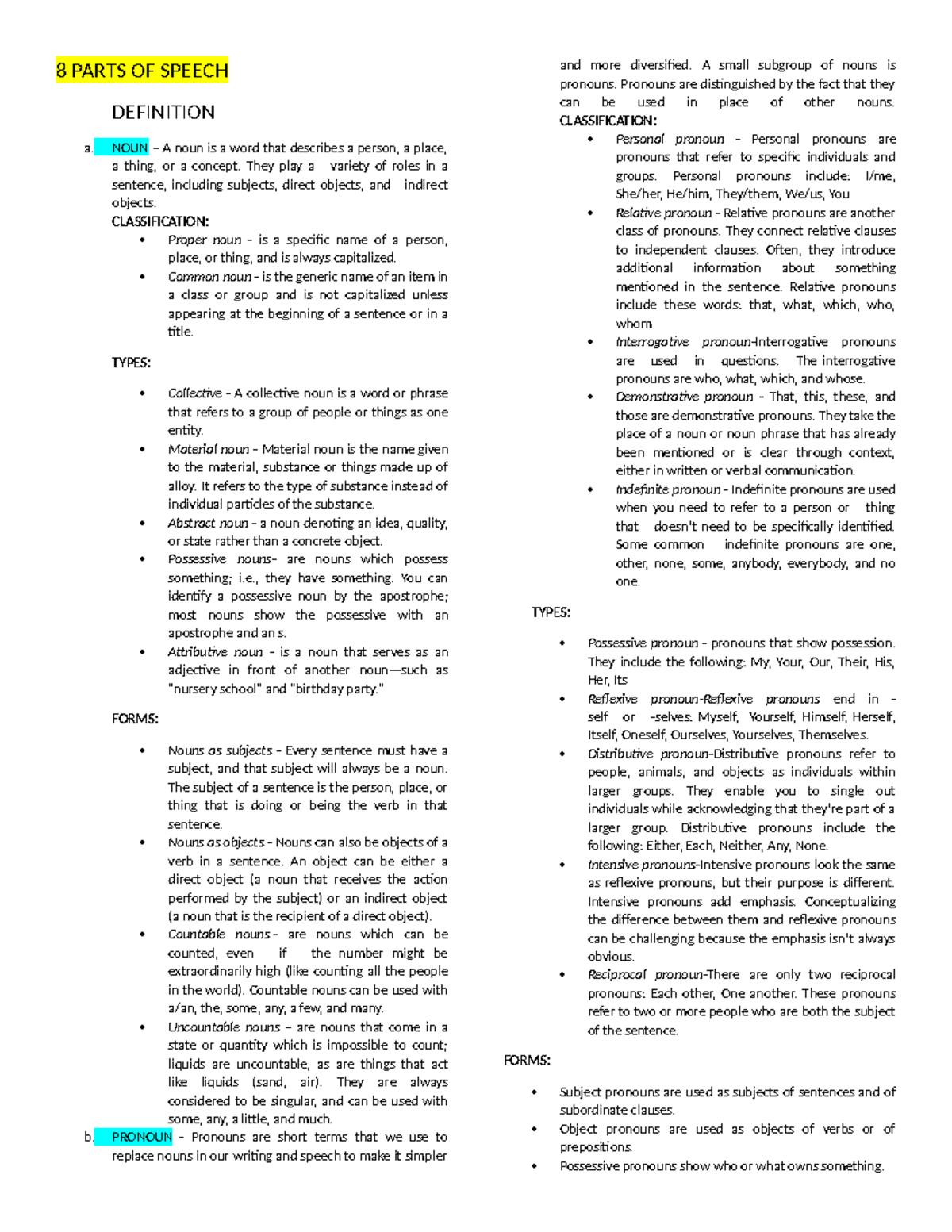 8 Parts OF Speech - for academic purposes only - 8 PARTS OF SPEECH ...