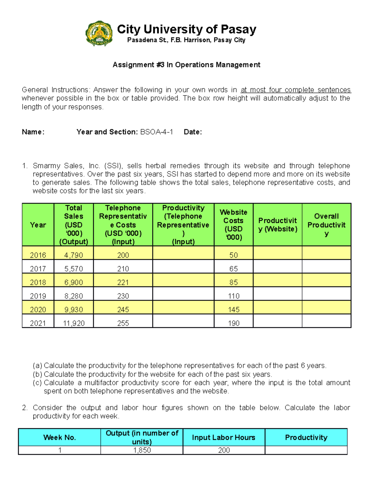 Assignment #3 in Operations Management - City University of Pasay Pasadena St., F. Harrison ...