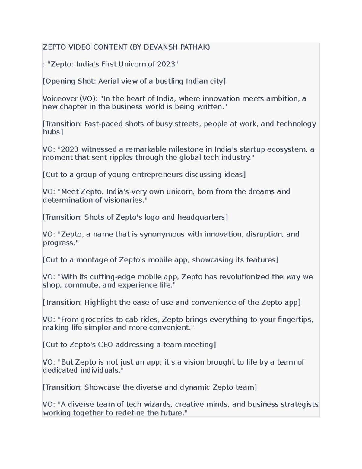 Zepto Video Content ( Devansh Pathak) - ZEPTO VIDEO CONTENT (BY DEVANSH PATHAK) : "Zepto: - Studocu