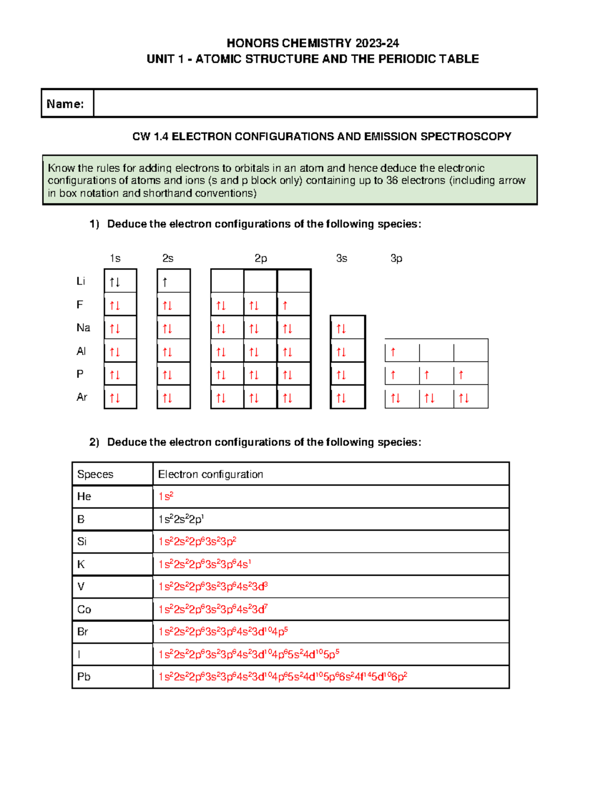 CW 1.4 Electron Configurations and Emission Spectroscopy - HONORS ...