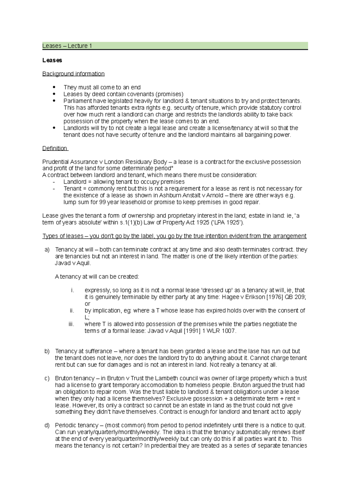Leases - Comprehensive Lease Lecture Notes - Leases – Lecture 1 Leases ...