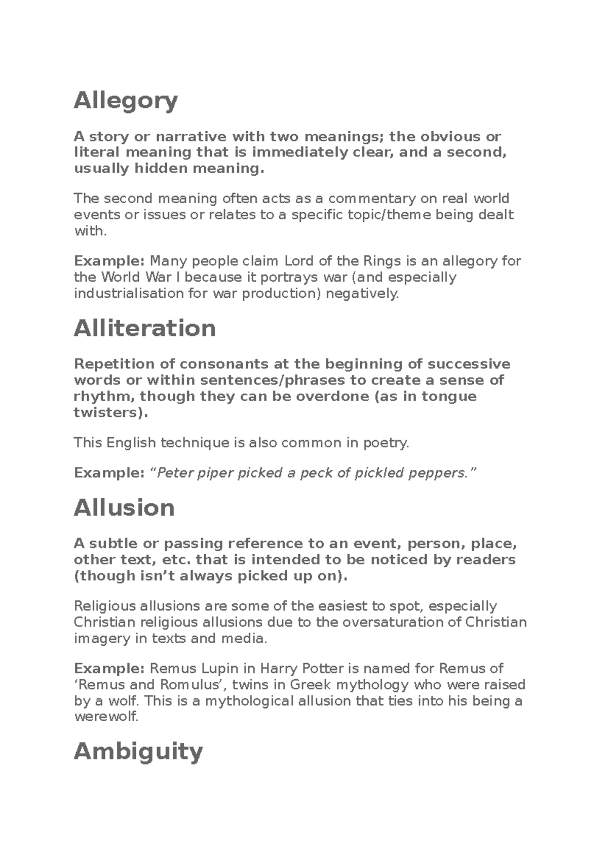 literary techniques - Allegory A story or narrative with two meanings ...