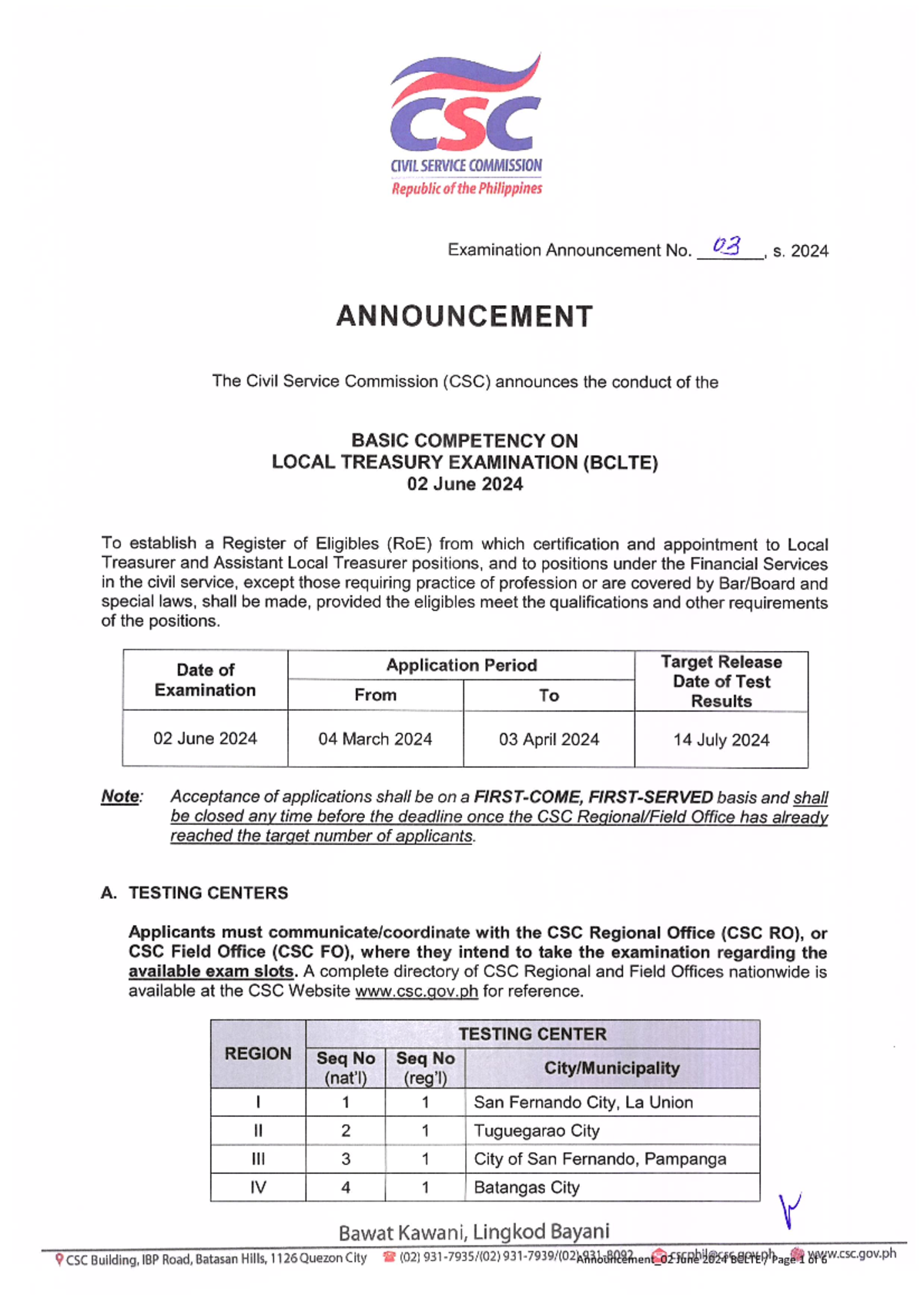Exam Announcement 03s2024 Conduct of Bclte for CY 2024 - Bachelor of ...