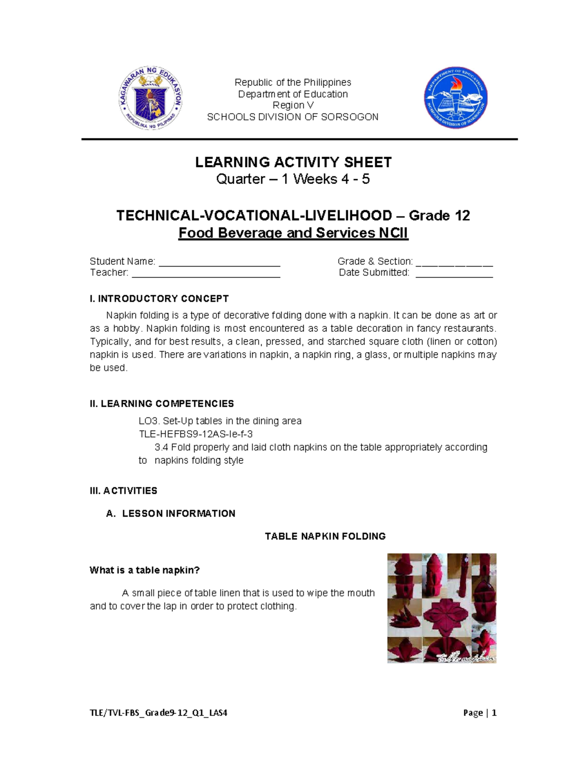 TLE TVL-FBS Grade 9-12 Q1 LAS4 - Republic of the Philippines Department ...