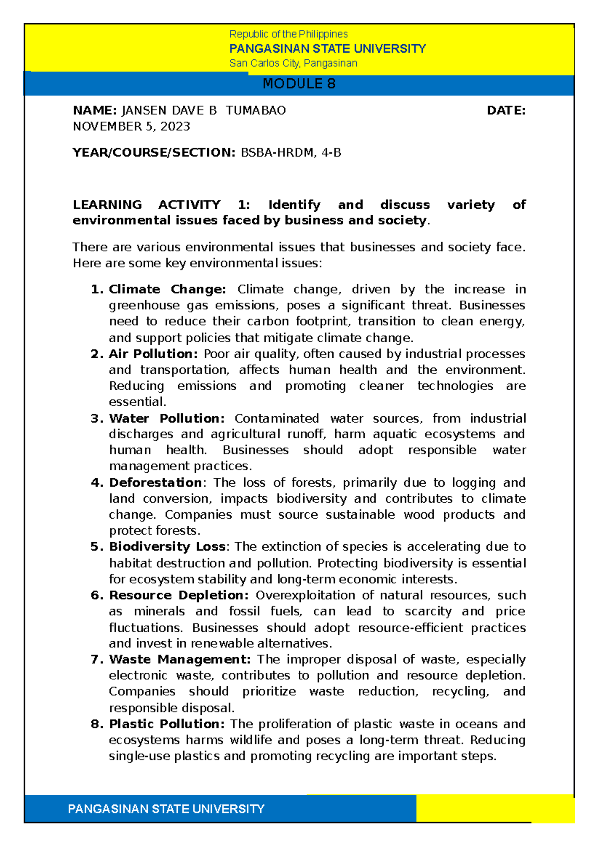Module 8 - Good for students - NAME: JANSEN DAVE B TUMABAO DATE: NOVEMBER 5, 2023 - Studocu