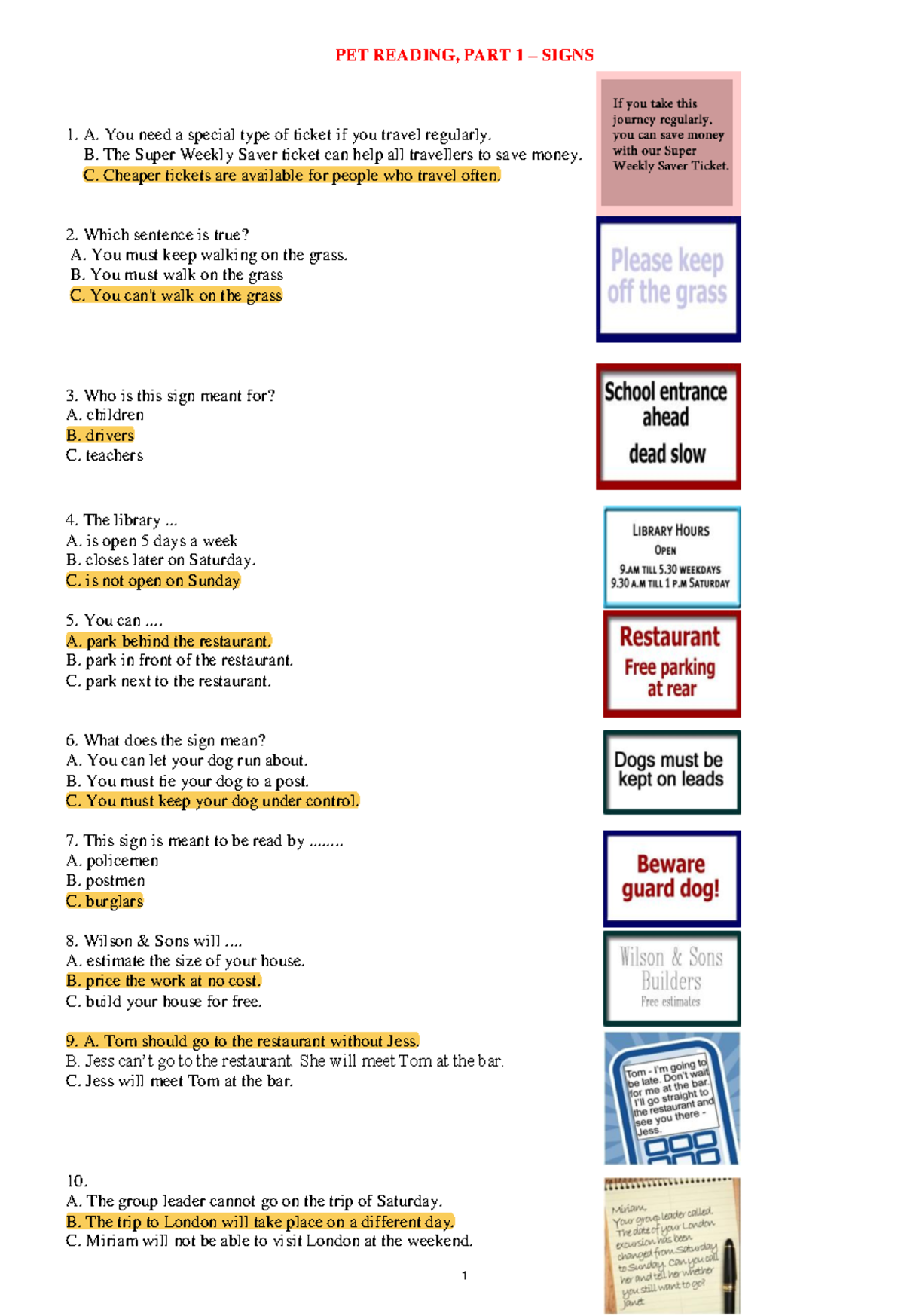 De thi pet b1 phan doc co dap an - PET READING, PART 1 – SIGNS A. You ...