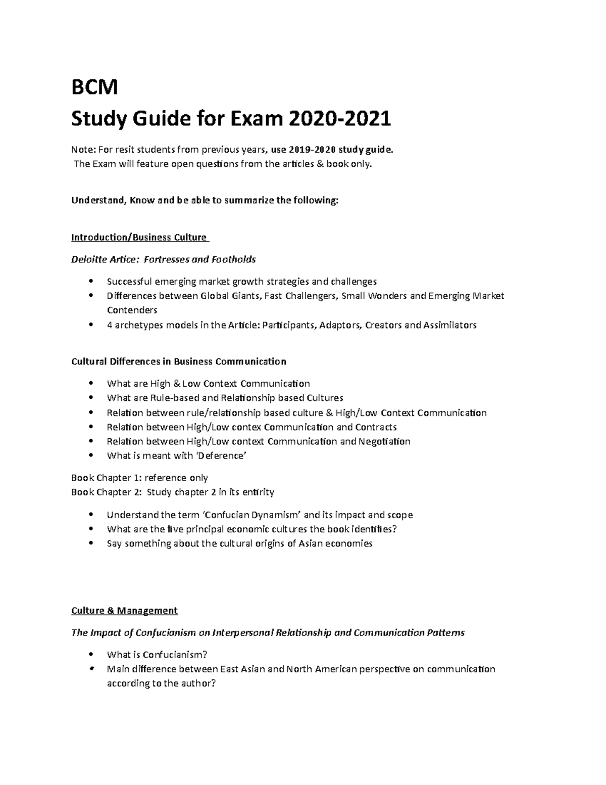 BCM Study Guide for Exam2021spring - BCM Study Guide for Exam 2020 ...