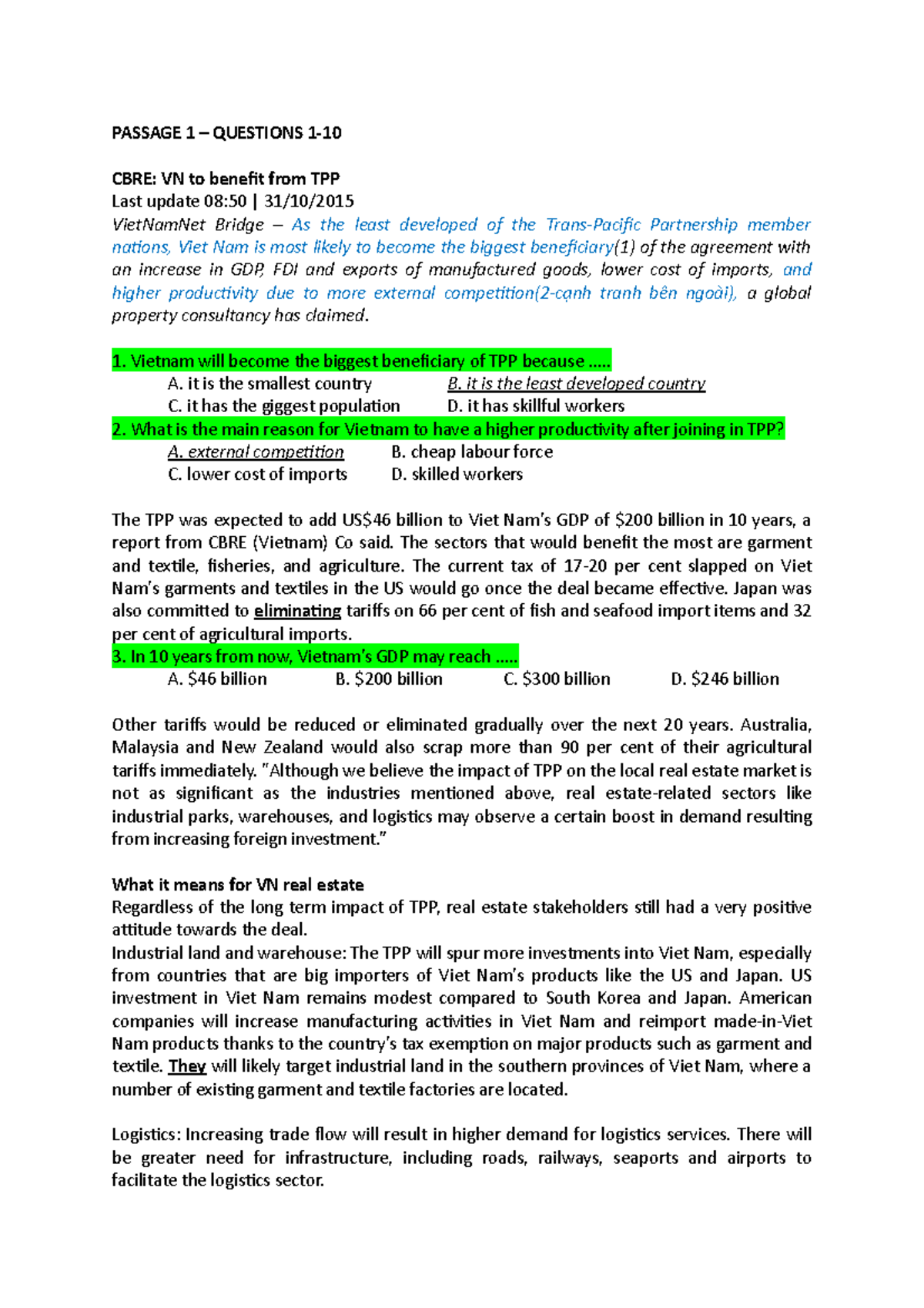 Reading 2 - you can make some practical - PASSAGE 1 – QUESTIONS 1- CBRE ...