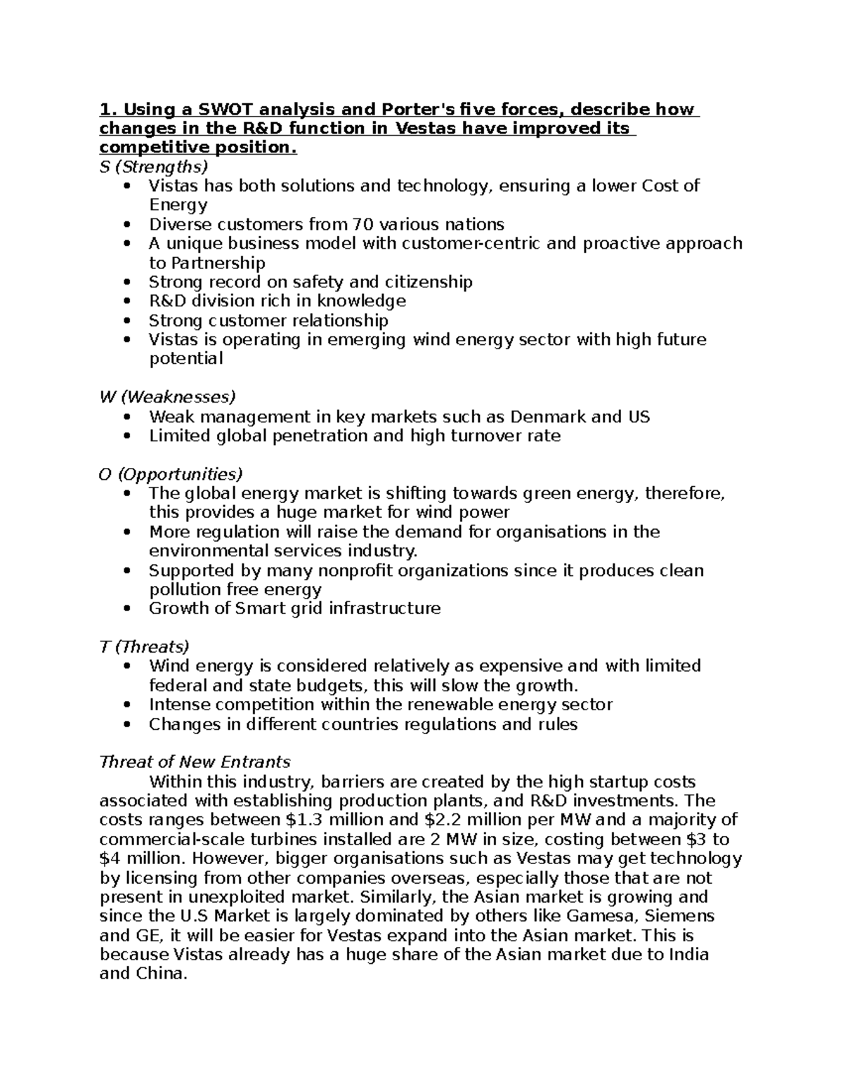 Vestas Wind Systems - Grade: B - 1. Using a SWOT analysis and Porter's ...