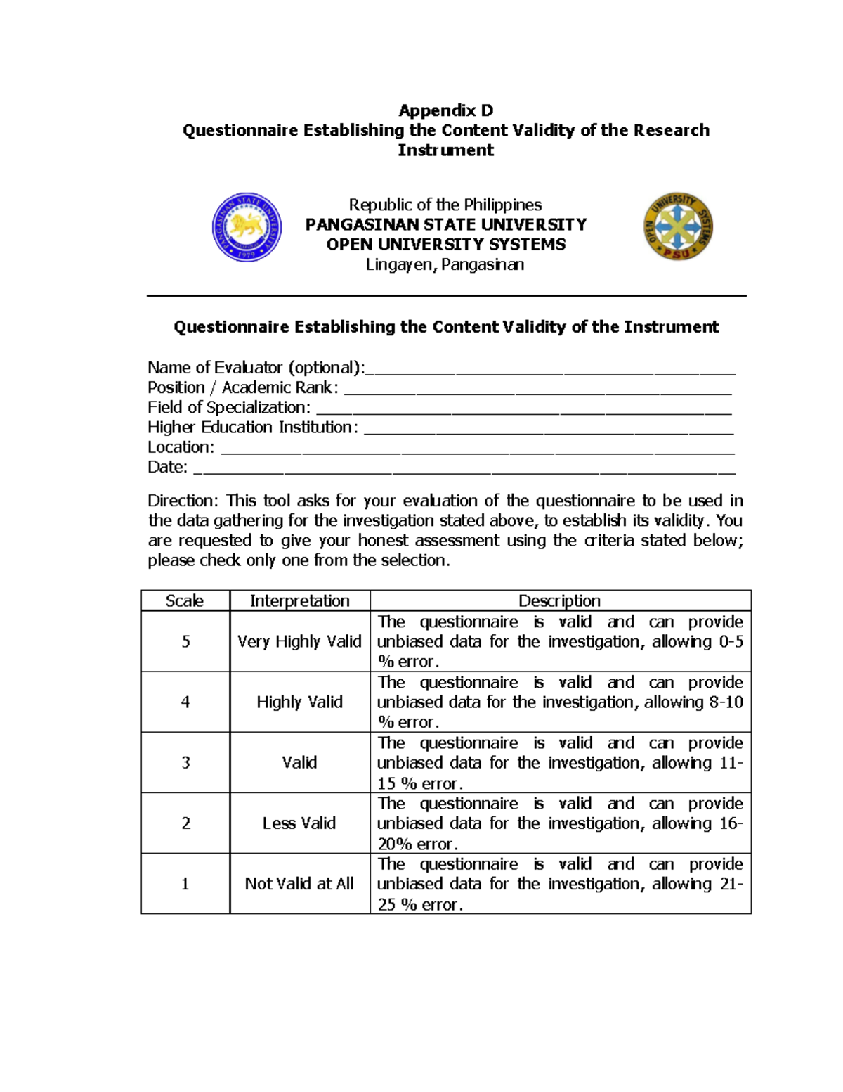 Documentation for What - Appendix D Questionnaire Establishing the ...