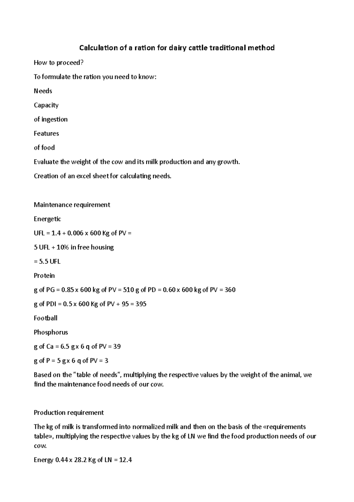 Calculation of a ration for dairy cattle traditional method - Creation ...