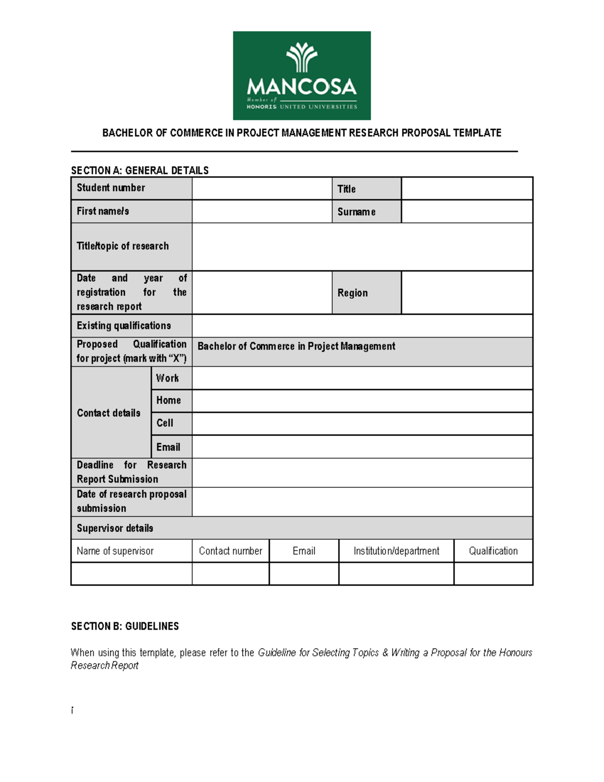 Proposal Submission Template - i BACHELOR OF COMMERCE IN PROJECT ...
