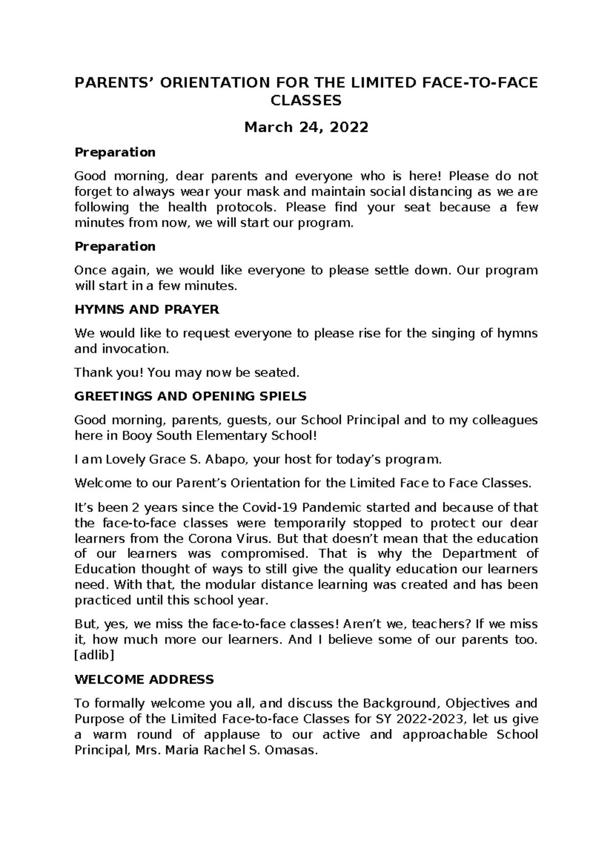 Host-Script - PARENTS’ ORIENTATION FOR THE LIMITED FACE-TO-FACE CLASSES ...