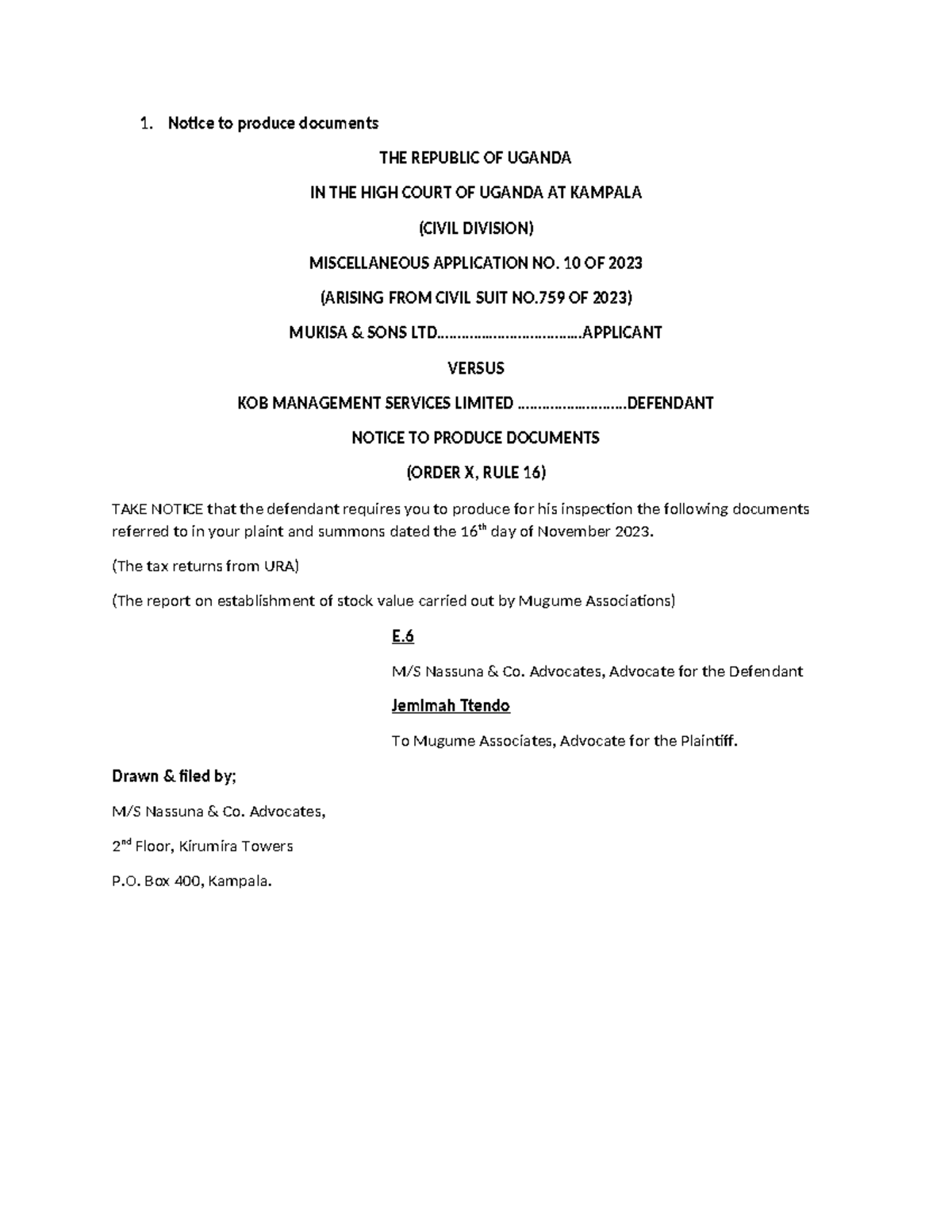 Notice to produce documents and chamber summons - Notice to produce ...