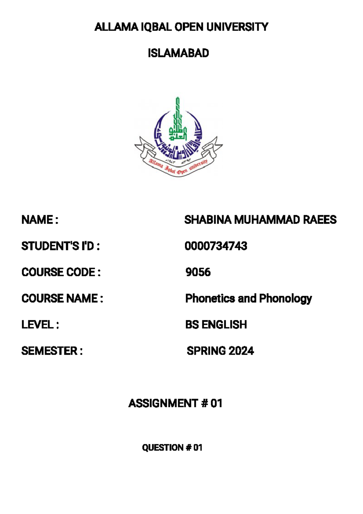 Assignment # 01 9056 - ALLAMA IQBAL OPEN UNIVERSITY ISLAMABAD NAME ...
