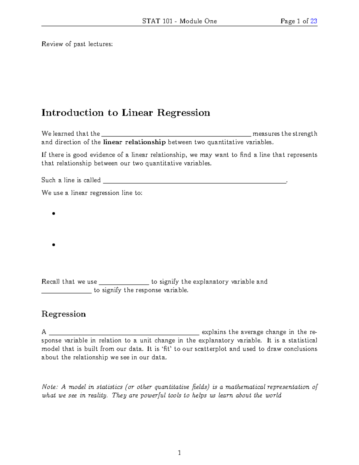 06 Linear Regression Handouts 1 Review Of Past Lectures Introduction To Linear Regression We