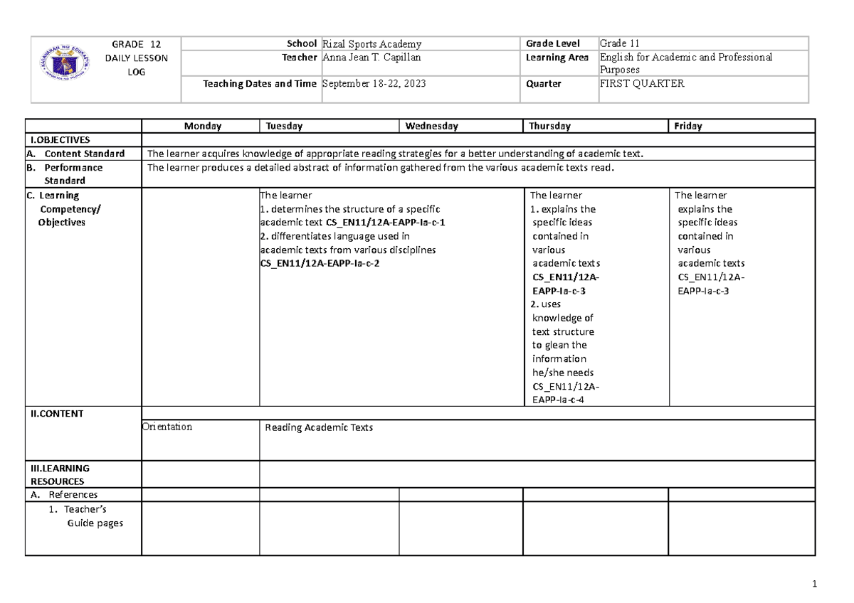 DLL EAPP - DLL - GRADE 12 DAILY LESSON LOG School Rizal Sports Academy ...