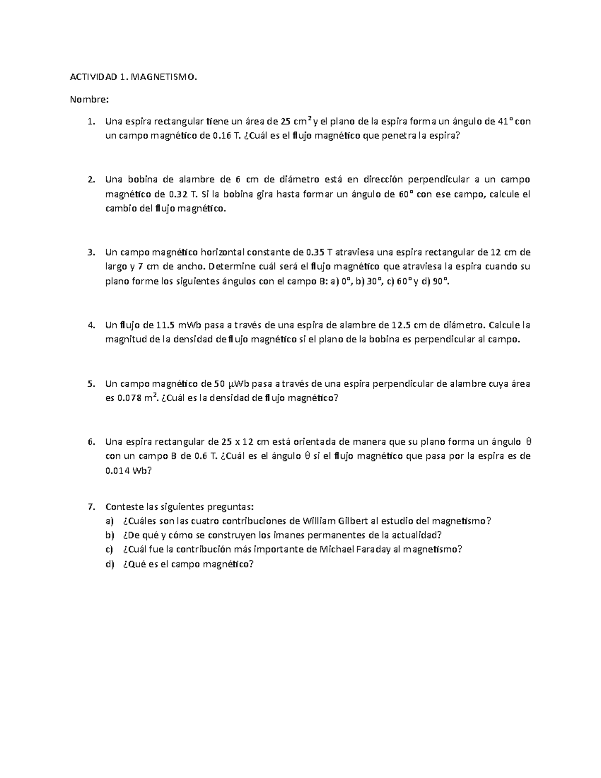 Actividad 1 - es fisica ejercicisos - ACTIVIDAD 1. MAGNETISMO. Nombre ...