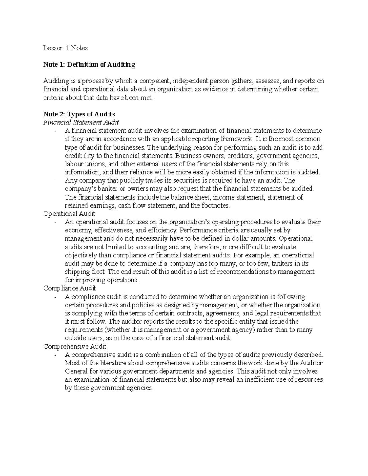 Lesson 1 Notes - Lesson 1 Notes Note 1: Definition of Auditing Auditing ...