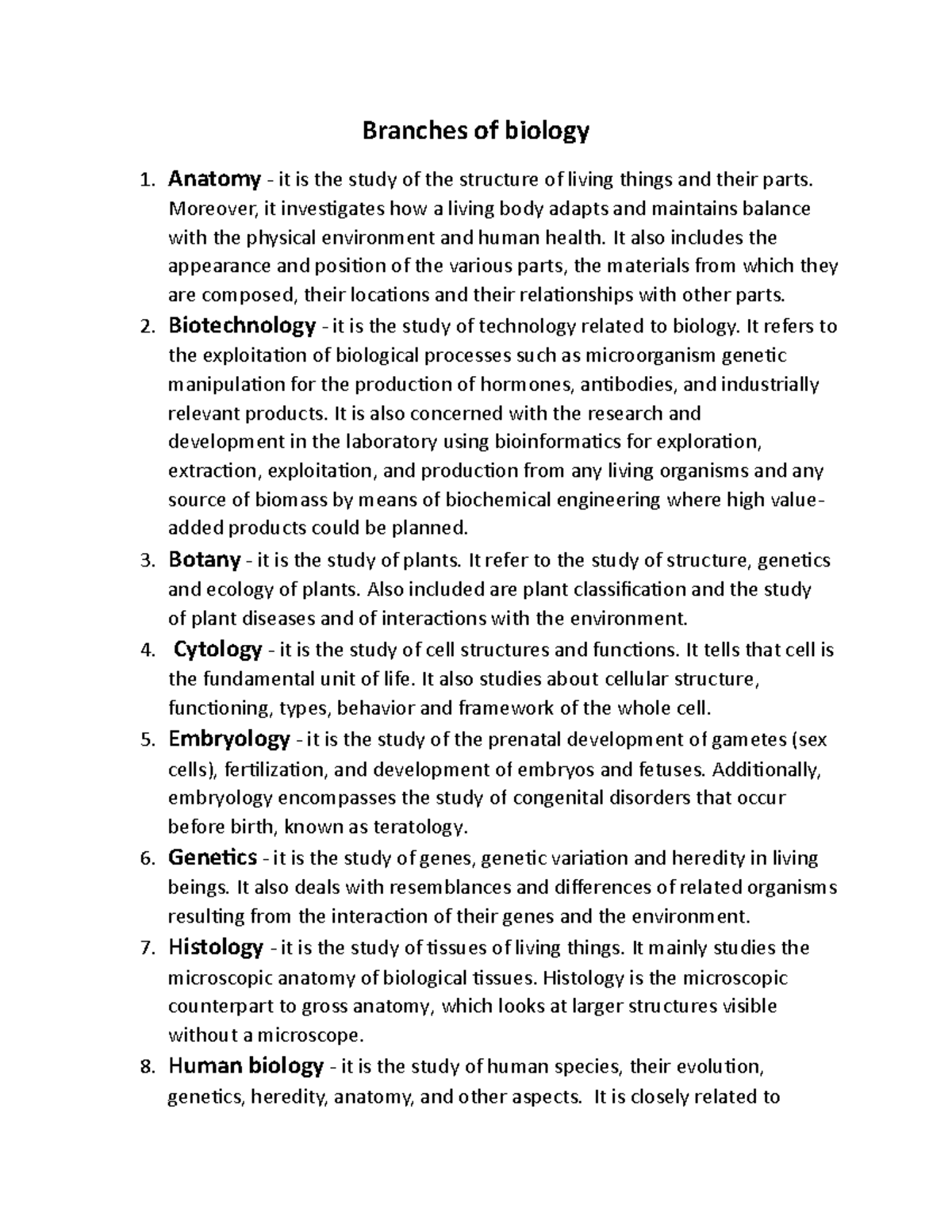 Biology Individual Assignment 1 - Branches of biology 1. Anatomy - it ...