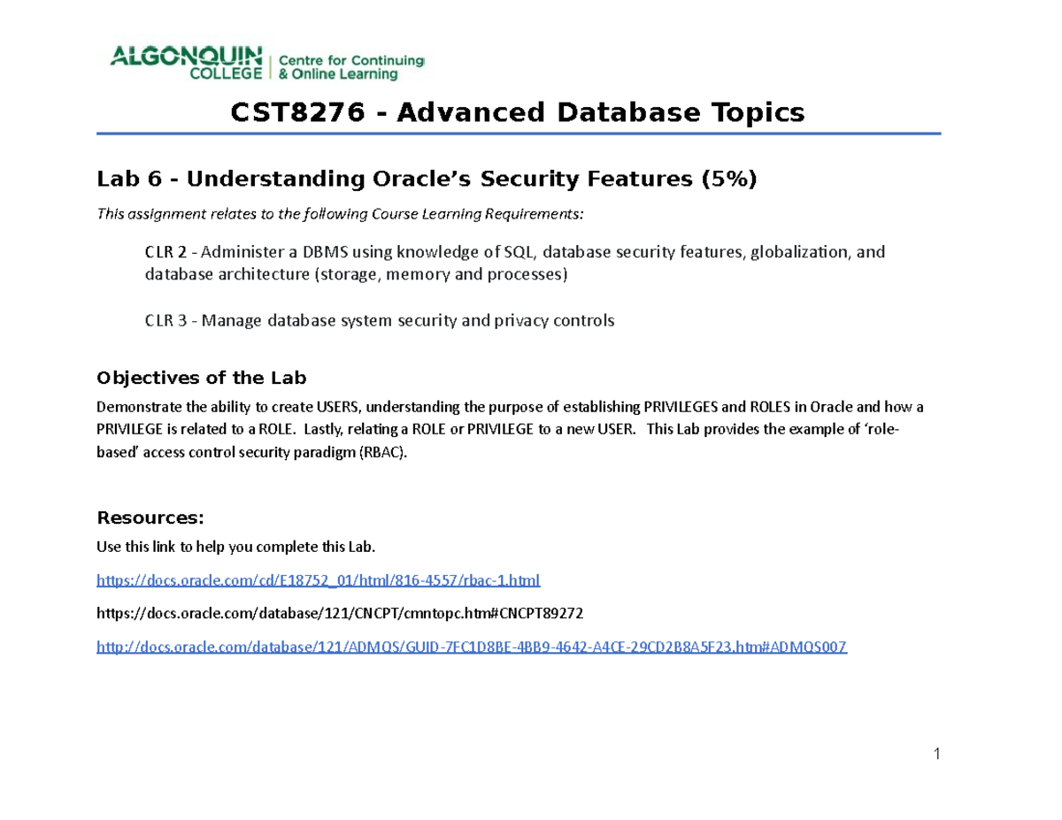 CST8276 - Lab 6 - Understanding Oracle’s Security Features - CST8276 - Advanced Database Topics ...