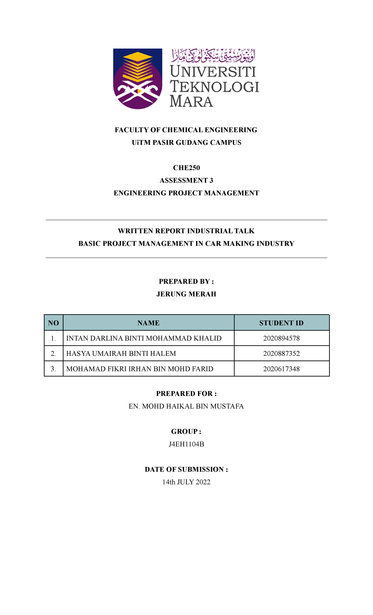 Written Report Industrial Talk - FACULTY OF CHEMICAL ENGINEERING UiTM ...
