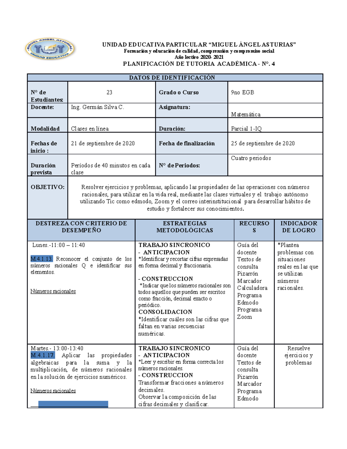 543135405 Planificacion 4 IQ 9no Matematica - UNIDAD EDUCATIVA ...