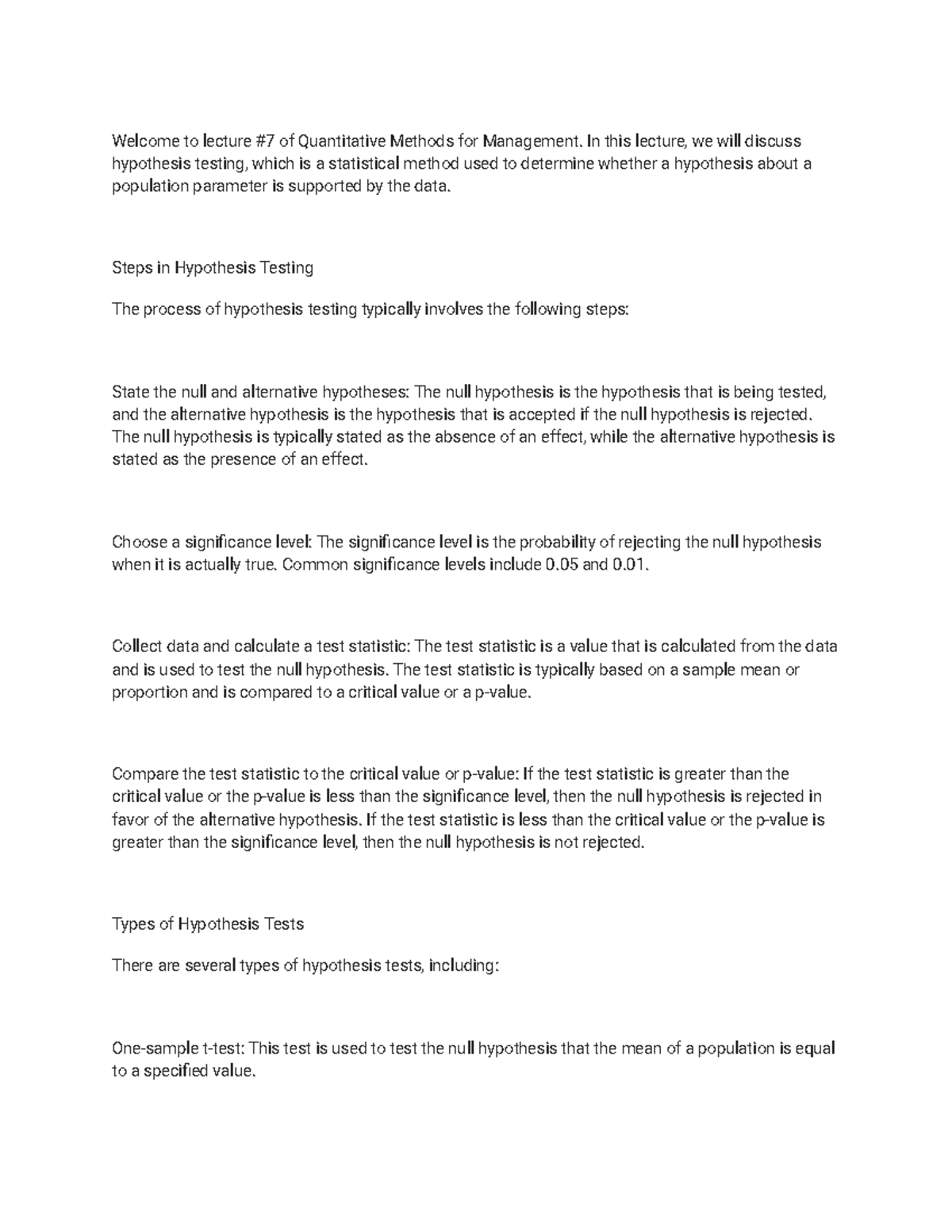 Lecture 7 Hypothesis Testing Welcome To Lecture 7 Of Quantitative Methods For Management In 5410