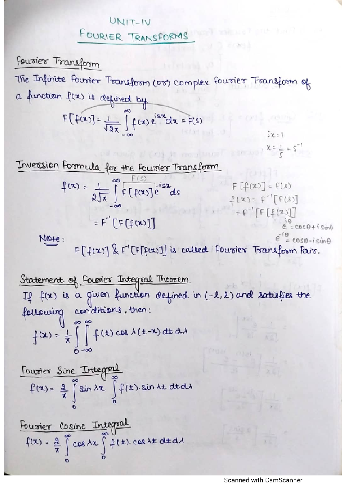 Maths unit 4 - notws - FOURIER TRANSFORMS Fourier Transform The Infinite Fourier Transform (or ...