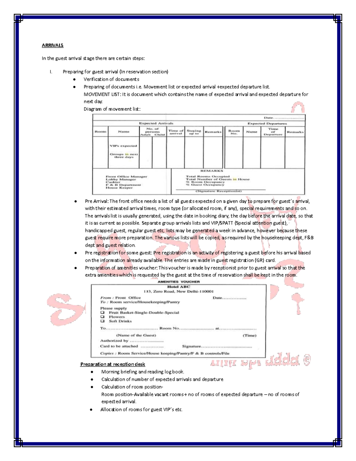 Arrivals - helpful notes - ARRIVALS In the guest arrival stage there ...