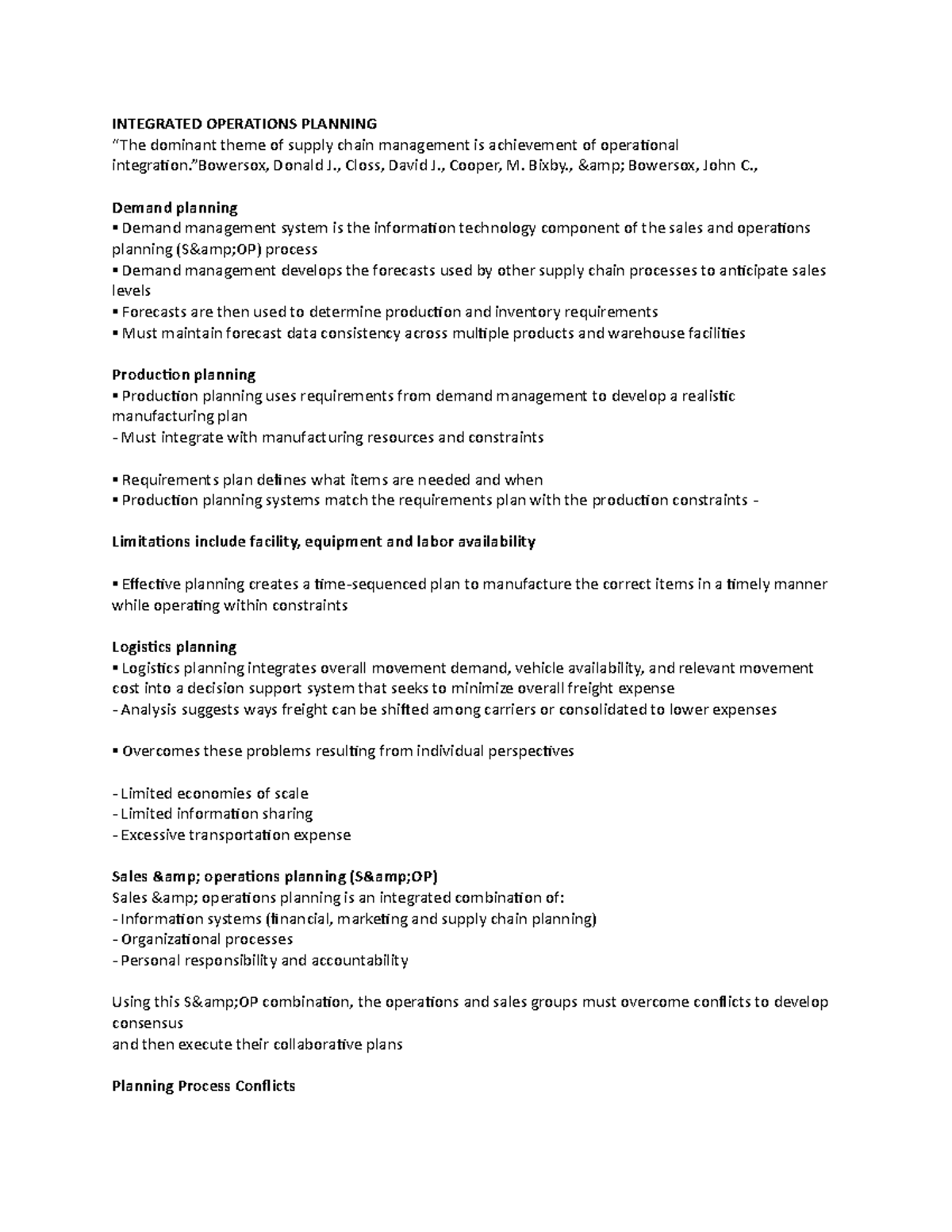Supply Chain - INTEGRATED OPERATIONS PLANNING “The dominant theme of ...