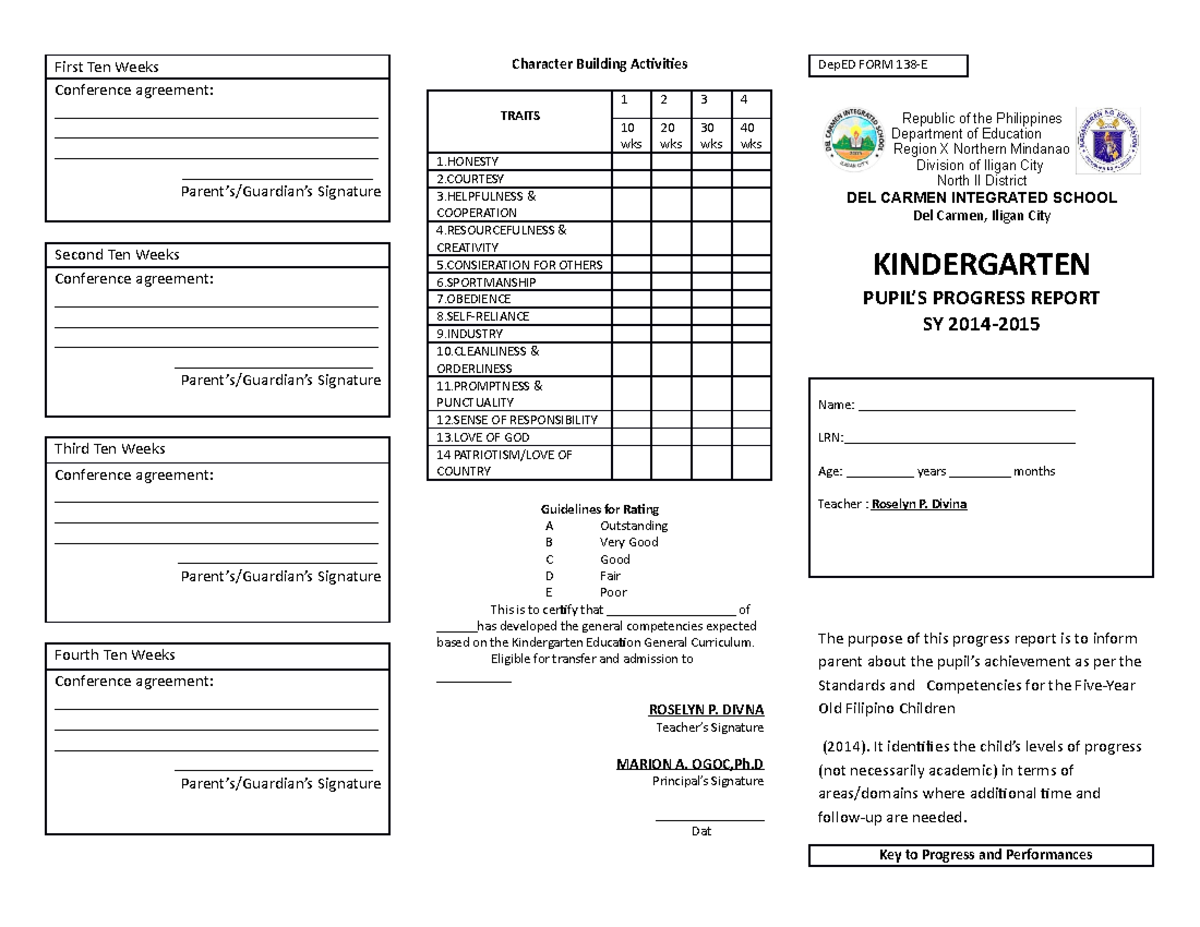 Kindergarten Pupils Progress - First Ten Weeks Conference agreement